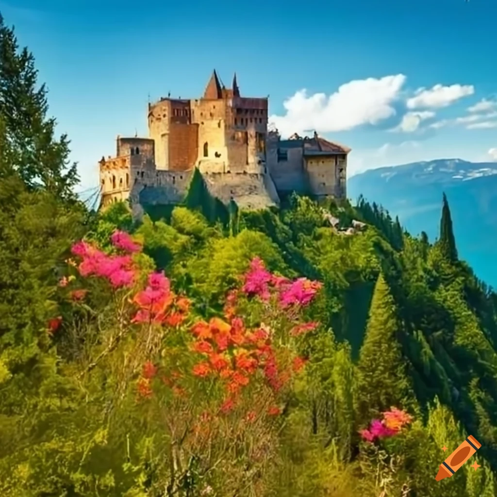 Medieval castle in the mountains with flowers on Craiyon