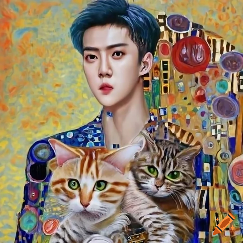 Sehun from exo holding a cat in a gustav klimt inspired pose