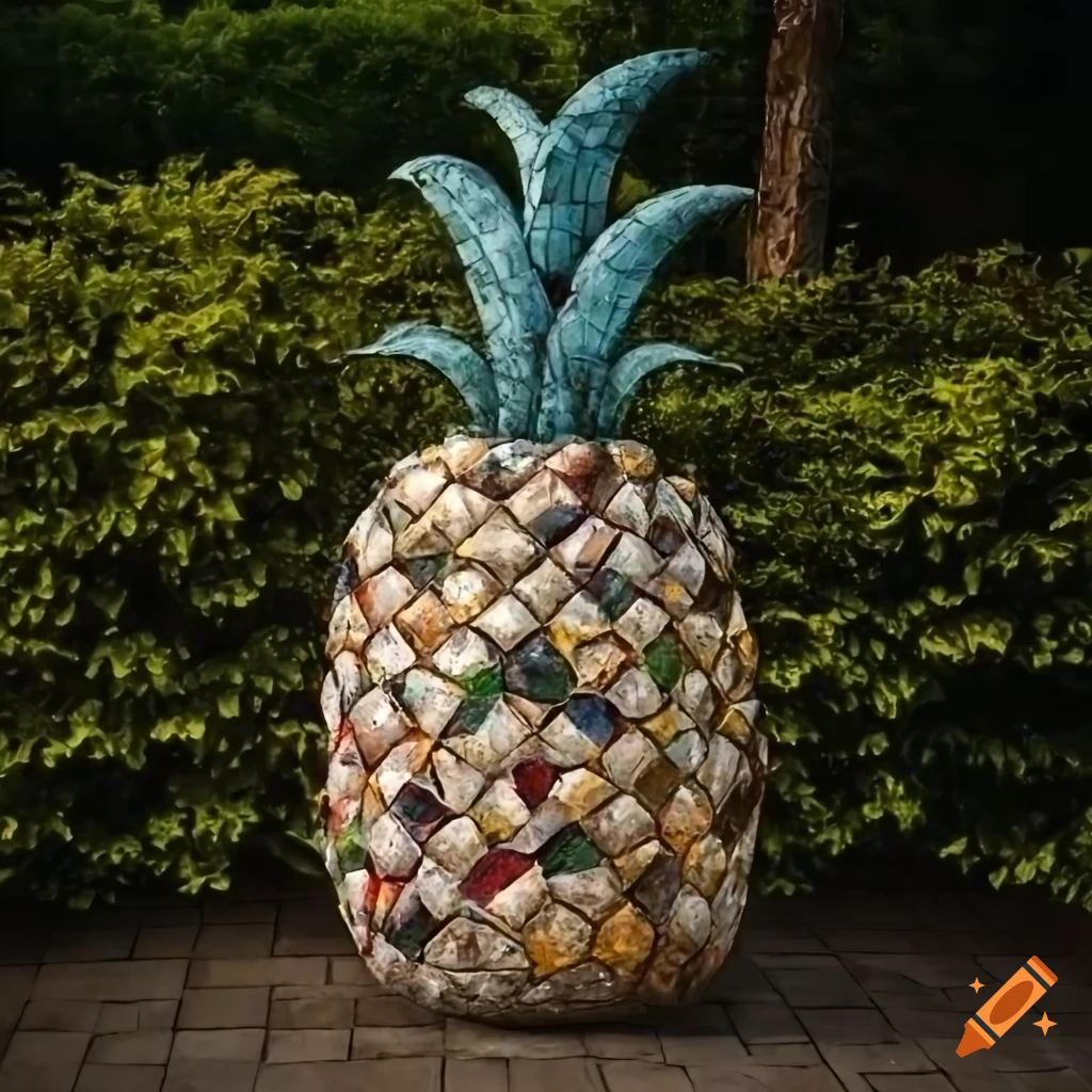 Mosaic pineapple sculpture in a garden on Craiyon
