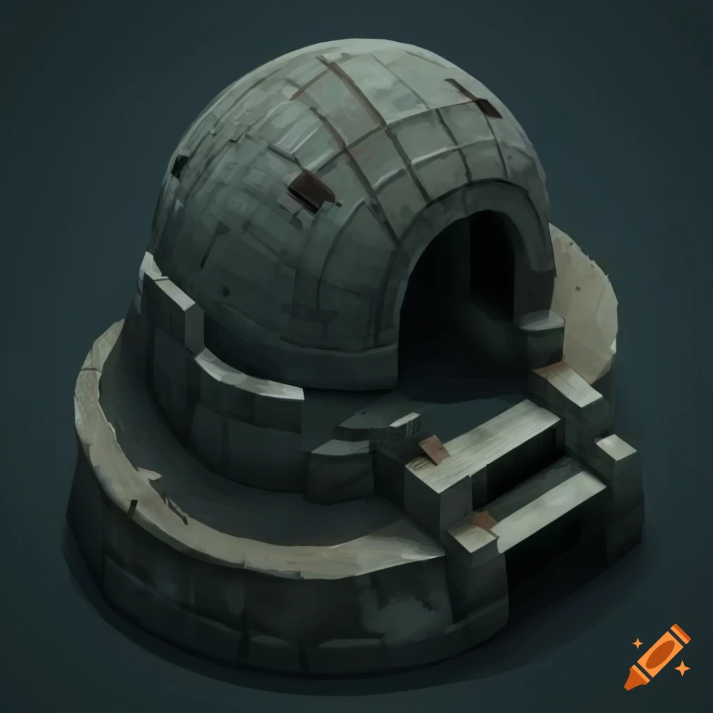 Isometric view of a concrete dome bunker with cannons and turrets on ...