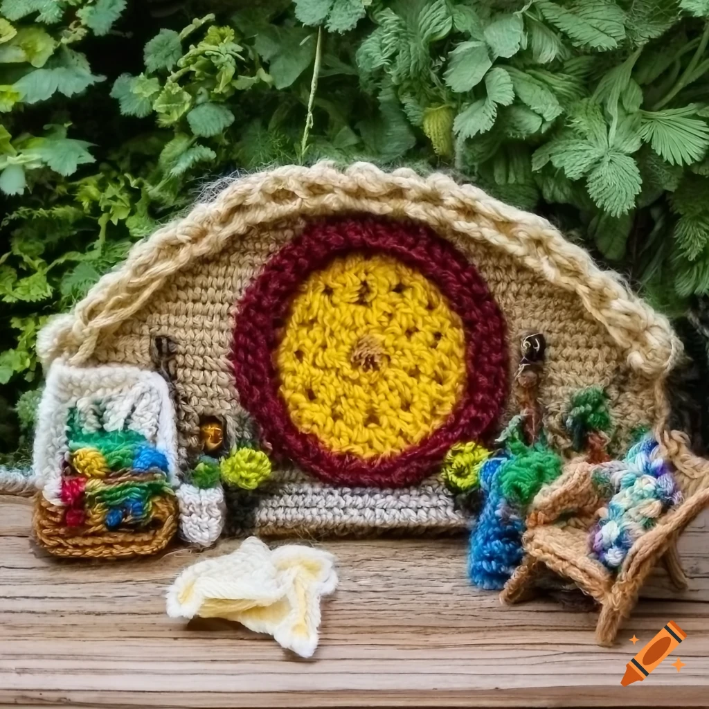 Crocheted miniature hobbit house on a table on Craiyon