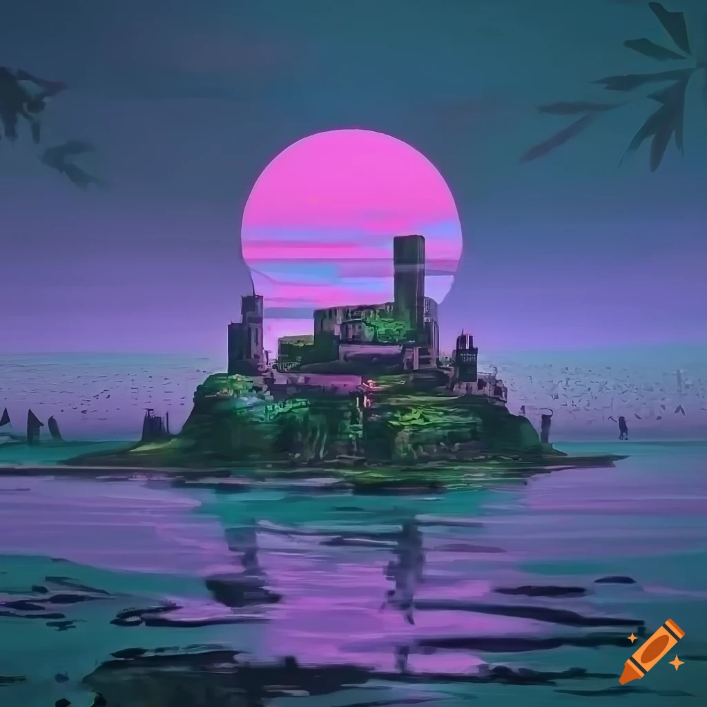 Colorful acrylic painting of a tropical island with a small castle and ...