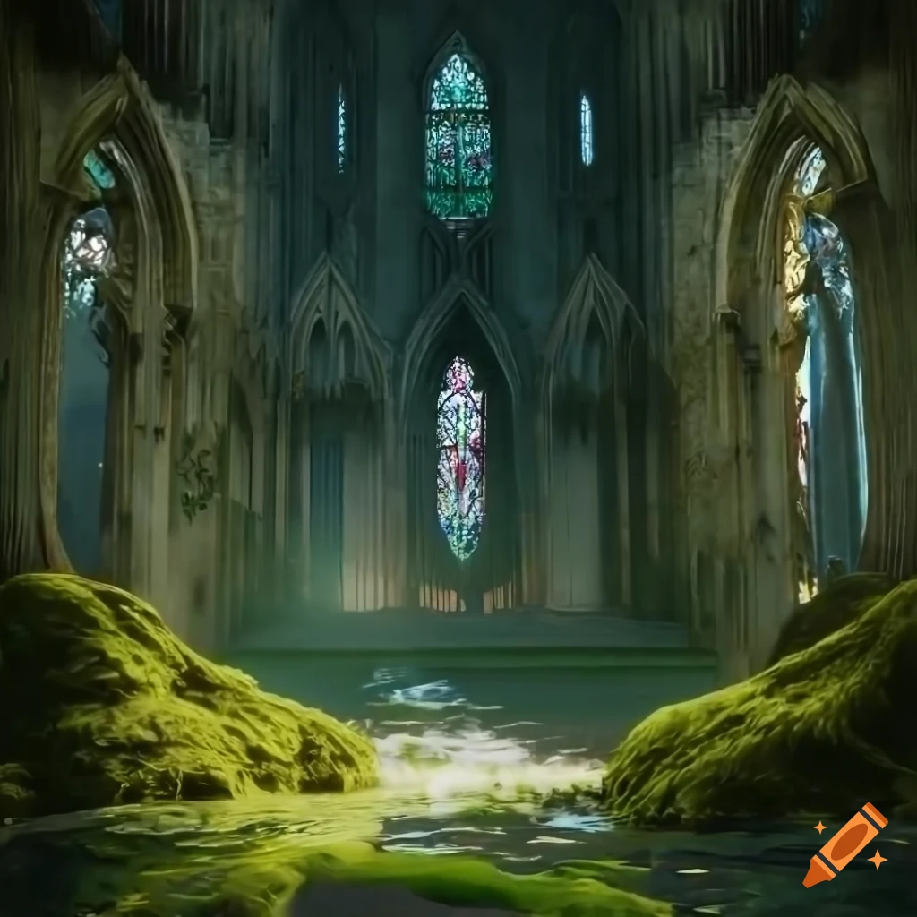 A mystic cathedral made of stone overgrown with moss with flowing water ...