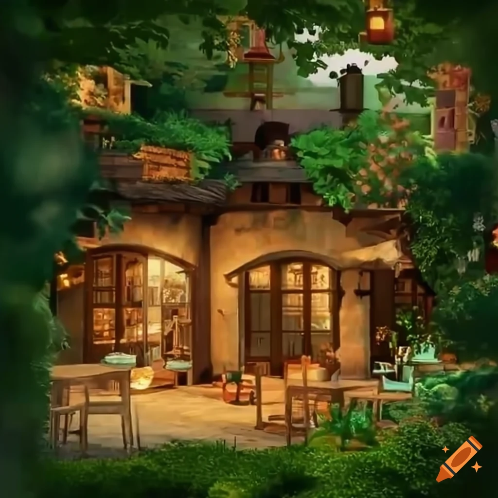 Exterior of a cozy café with a modern fantasy theme on Craiyon