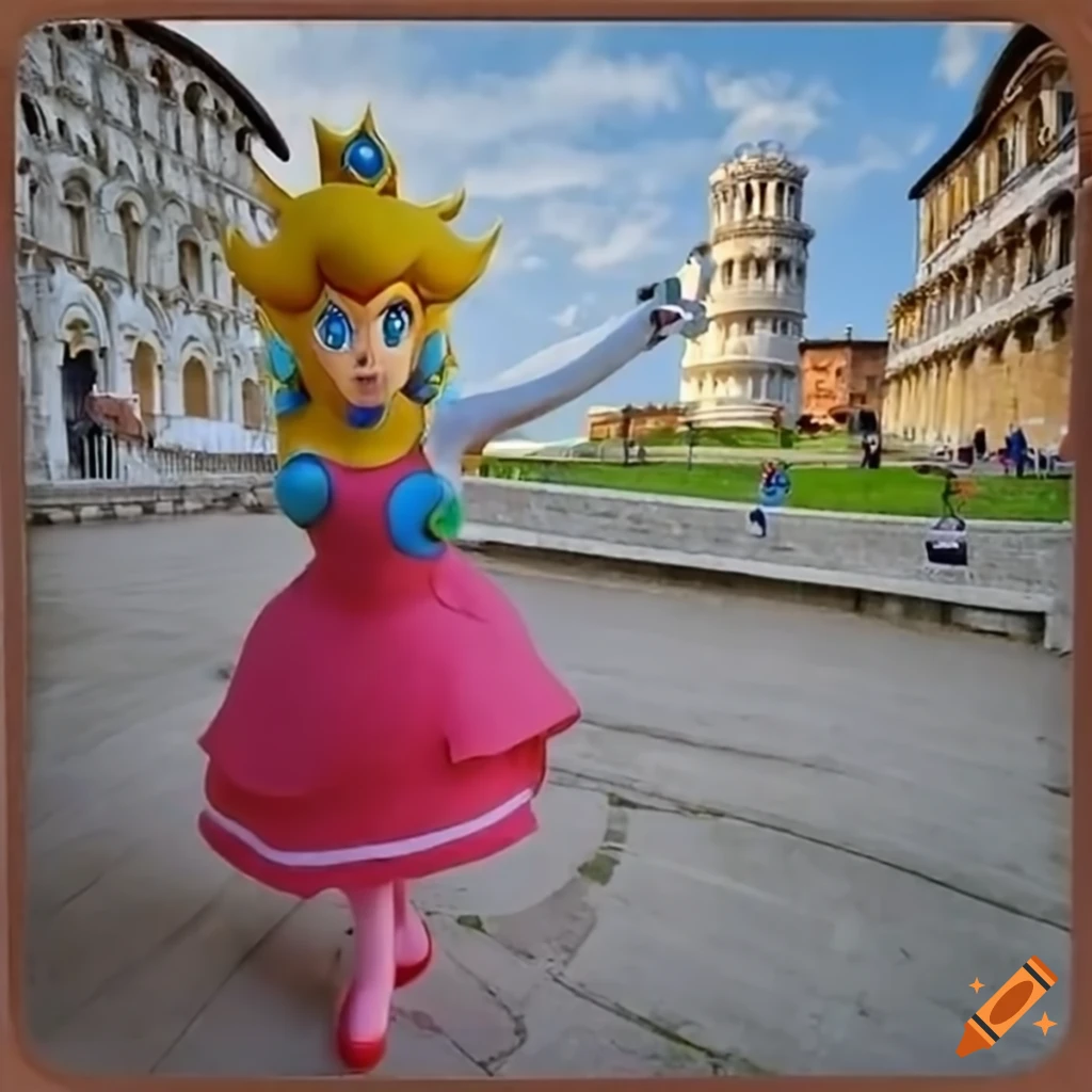 Princess peach taking a selfie near the tower of pisa on Craiyon