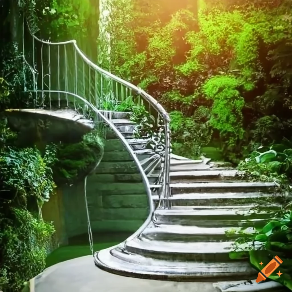Curved silver stairs in a garden leading to a balcony