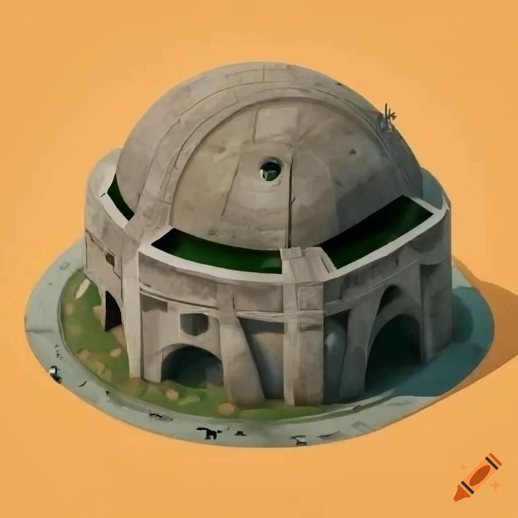 Isometric view of a fortified concrete bunker on Craiyon