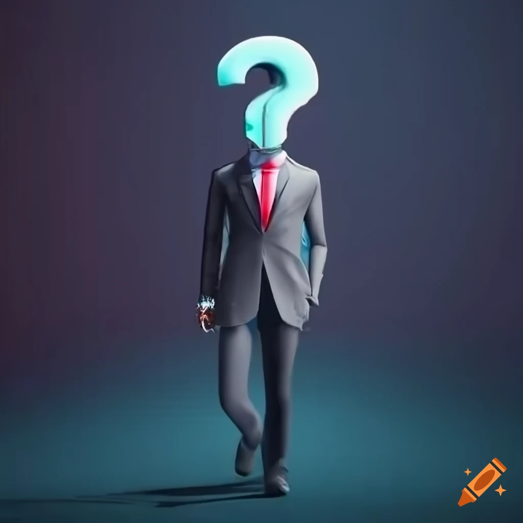 Futuristic character in a classy suit with a question mark head