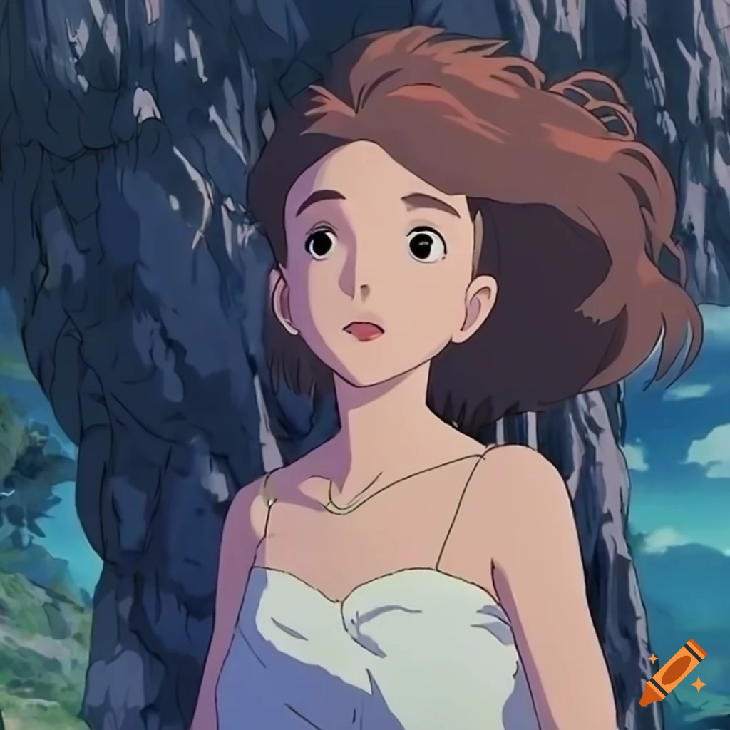 Animation cell of a melancholic princess on the cliffs on Craiyon