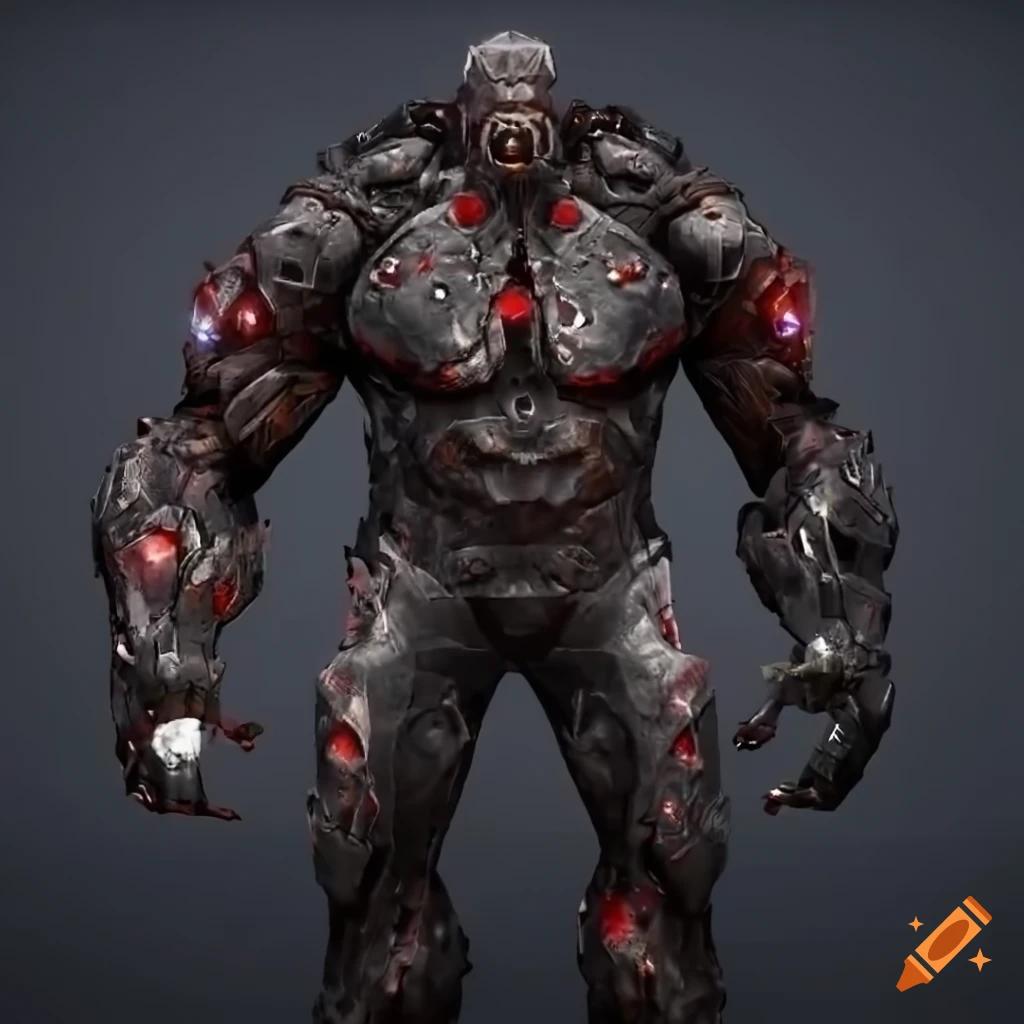 Black stone armored golem cyborg with red glowing crystals on Craiyon