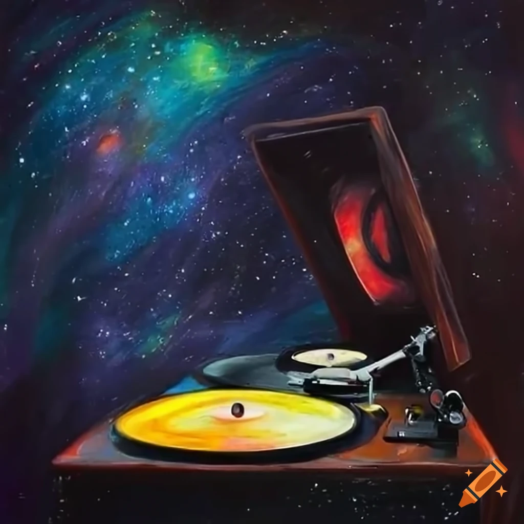Record player playing a colorful universe