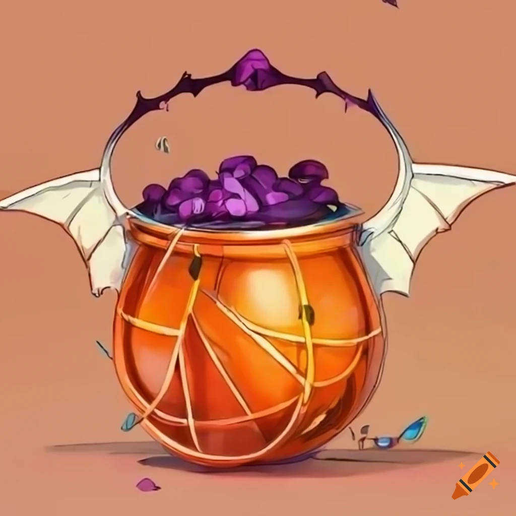 Anime-themed orange candy bucket with bat wings on Craiyon