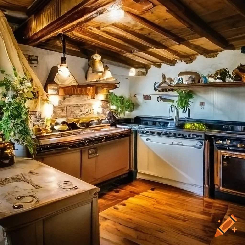 Kitchen with green walls and wooden ceiling on Craiyon