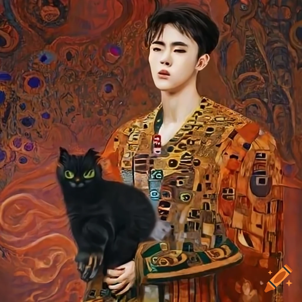Sehun from Exo with cats inspired by Gustav Klimt on Craiyon