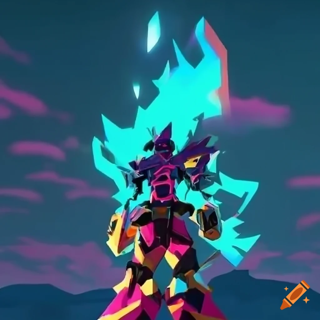 Promare style mecha engulfed in cyan flames on Craiyon