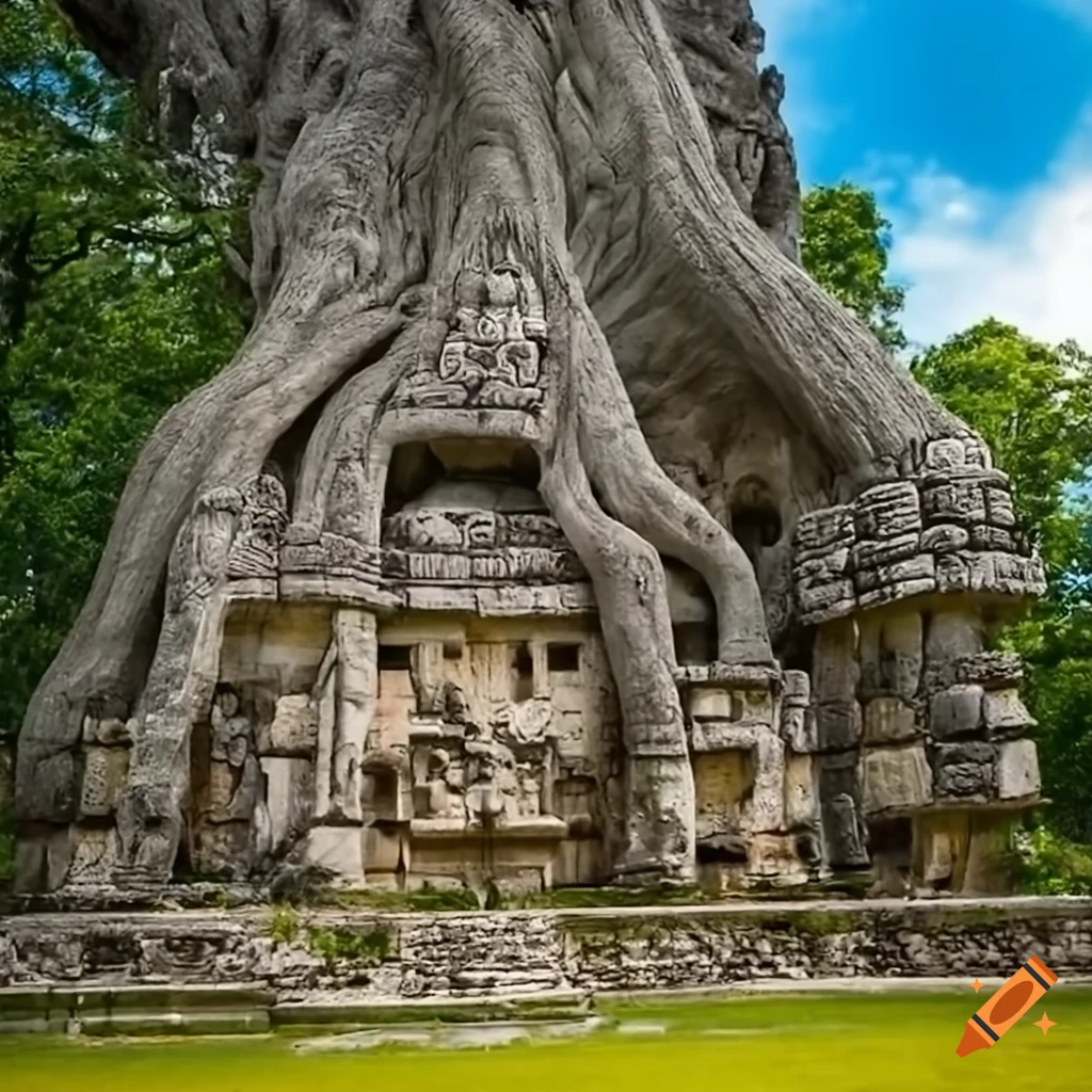 Detailed stone tree with mayan hieroglyphs and symbols on Craiyon