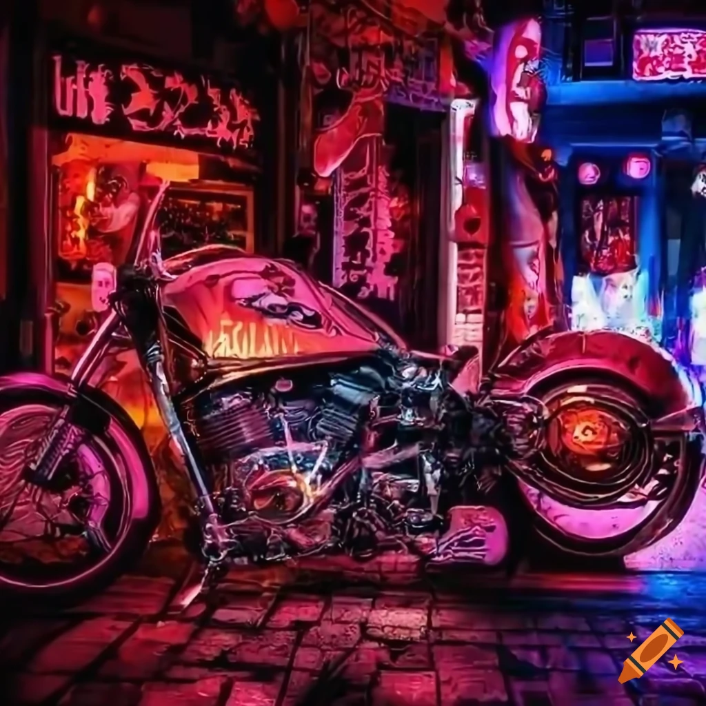 Hyper realistic motorcycles in a futuristic punk bar on Craiyon