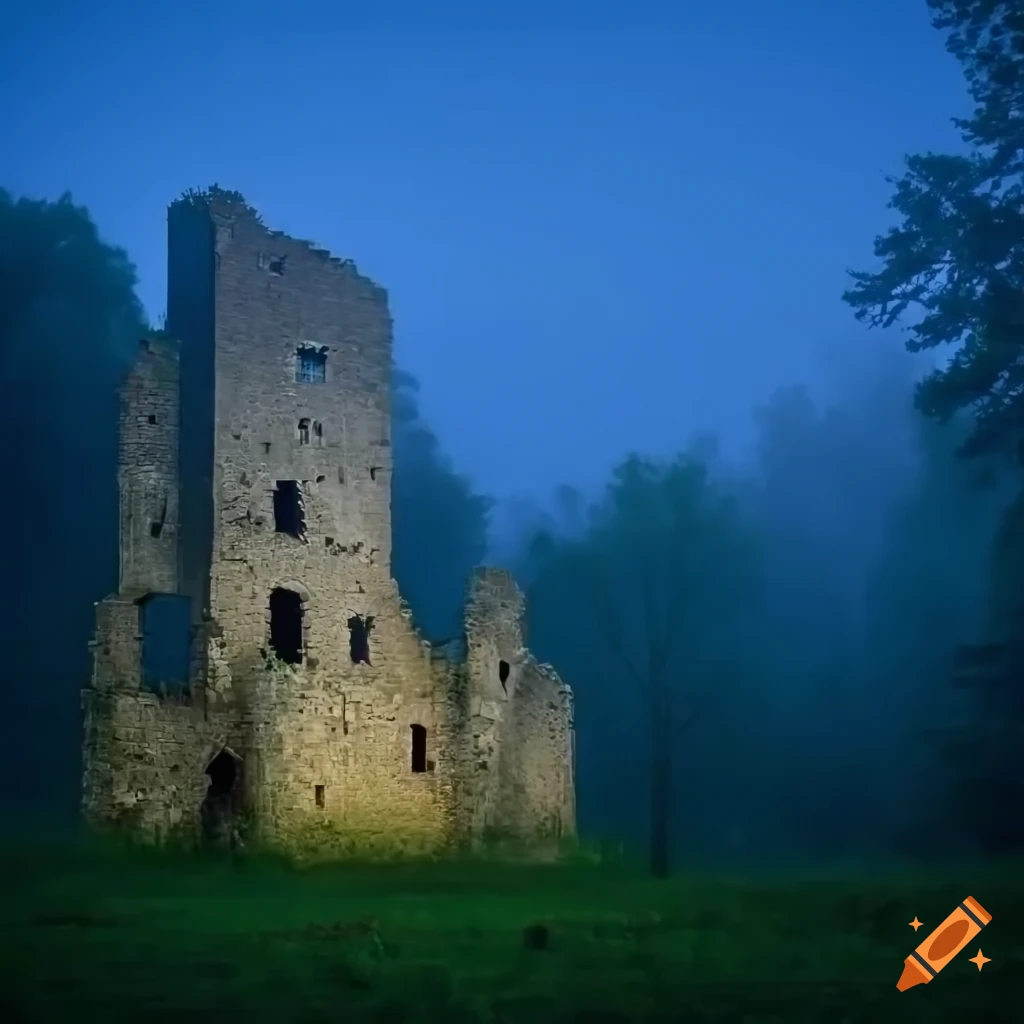 Moonlit ruins of a medieval castle in a misty forest on Craiyon