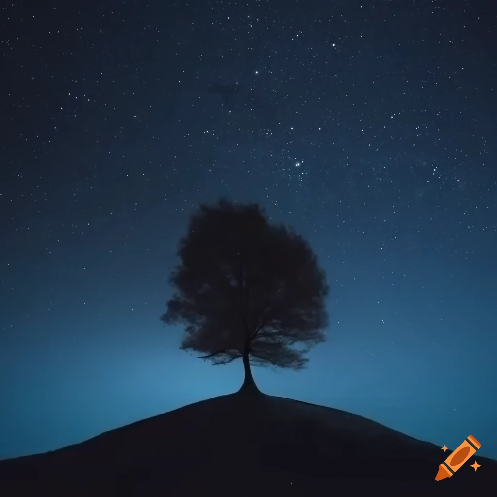 Mystical night landscape with lone tree under starry sky