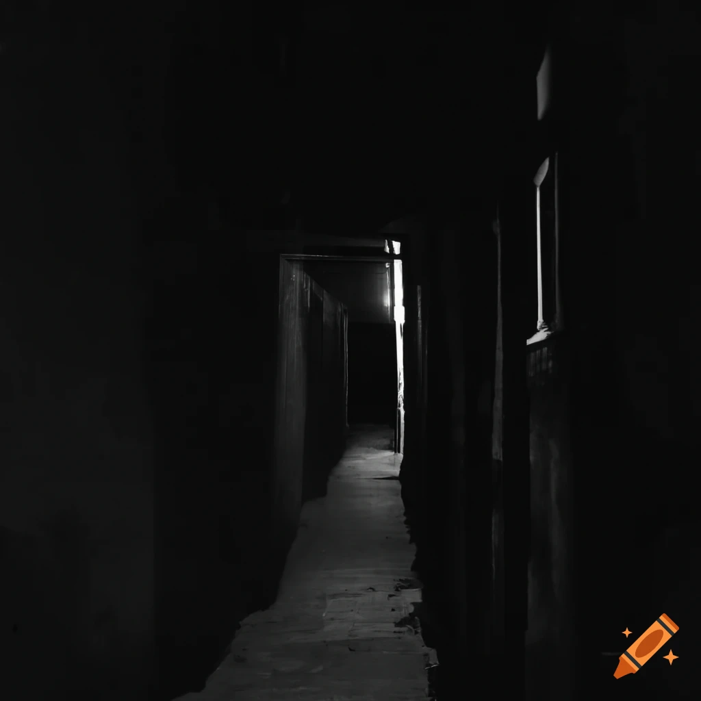 Dramatic black and white photo of an empty corridor at night