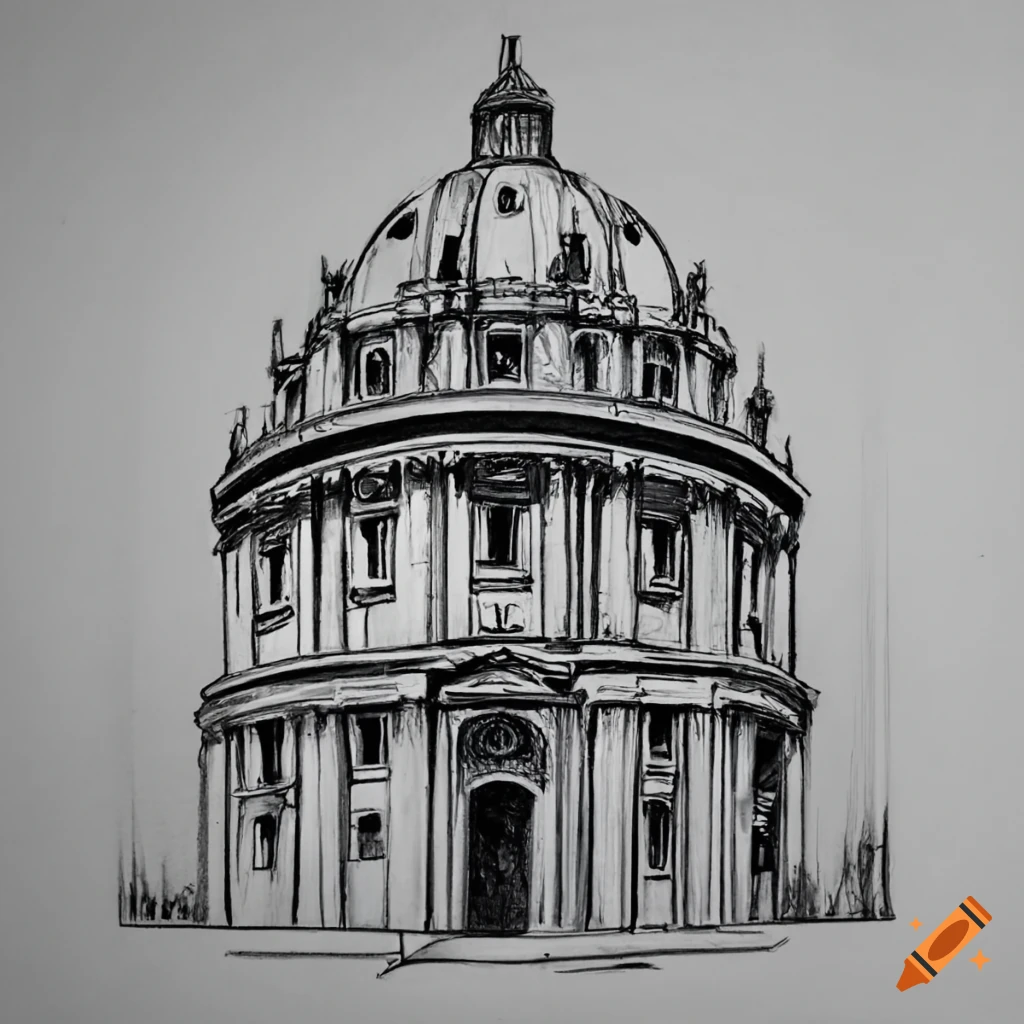 Black and white charcoal drawing of radcliffe camera on Craiyon