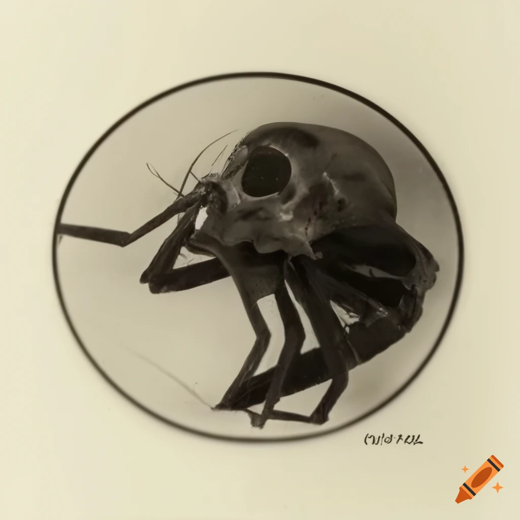 Black and white photograph of a mosquito specimen skull on Craiyon