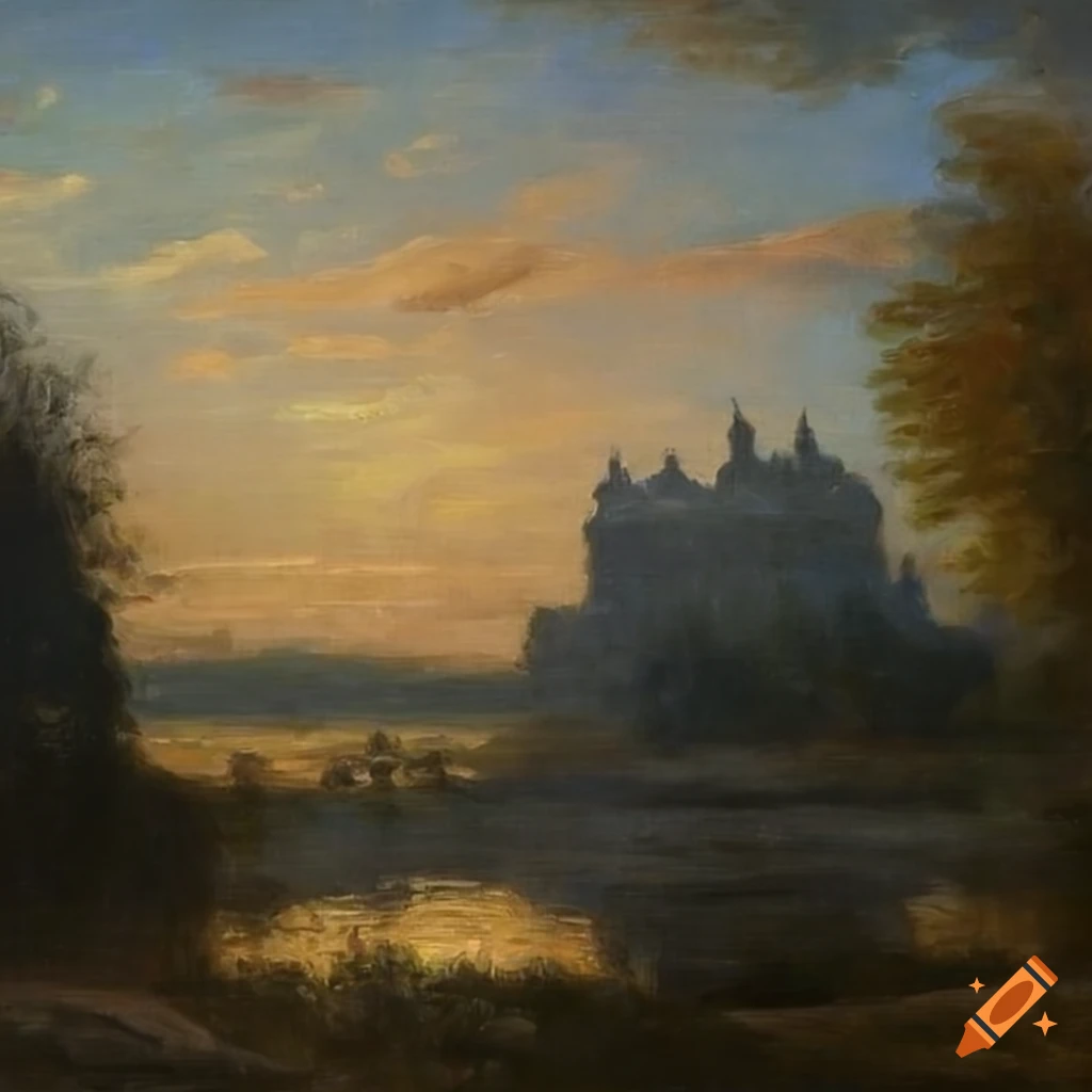 Neoclassical landscape painting with a beautiful sky on Craiyon