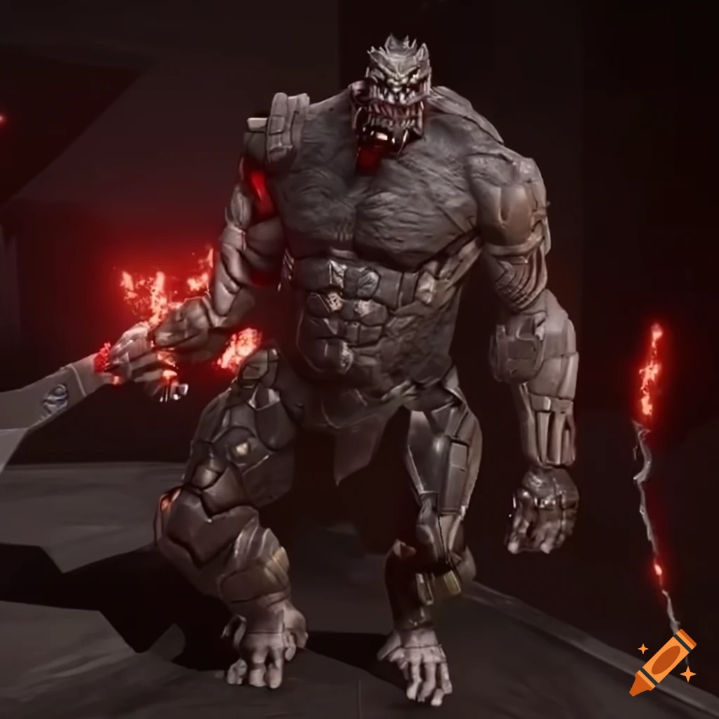 Image of a sci-fi golem with black stone armor and red crystals