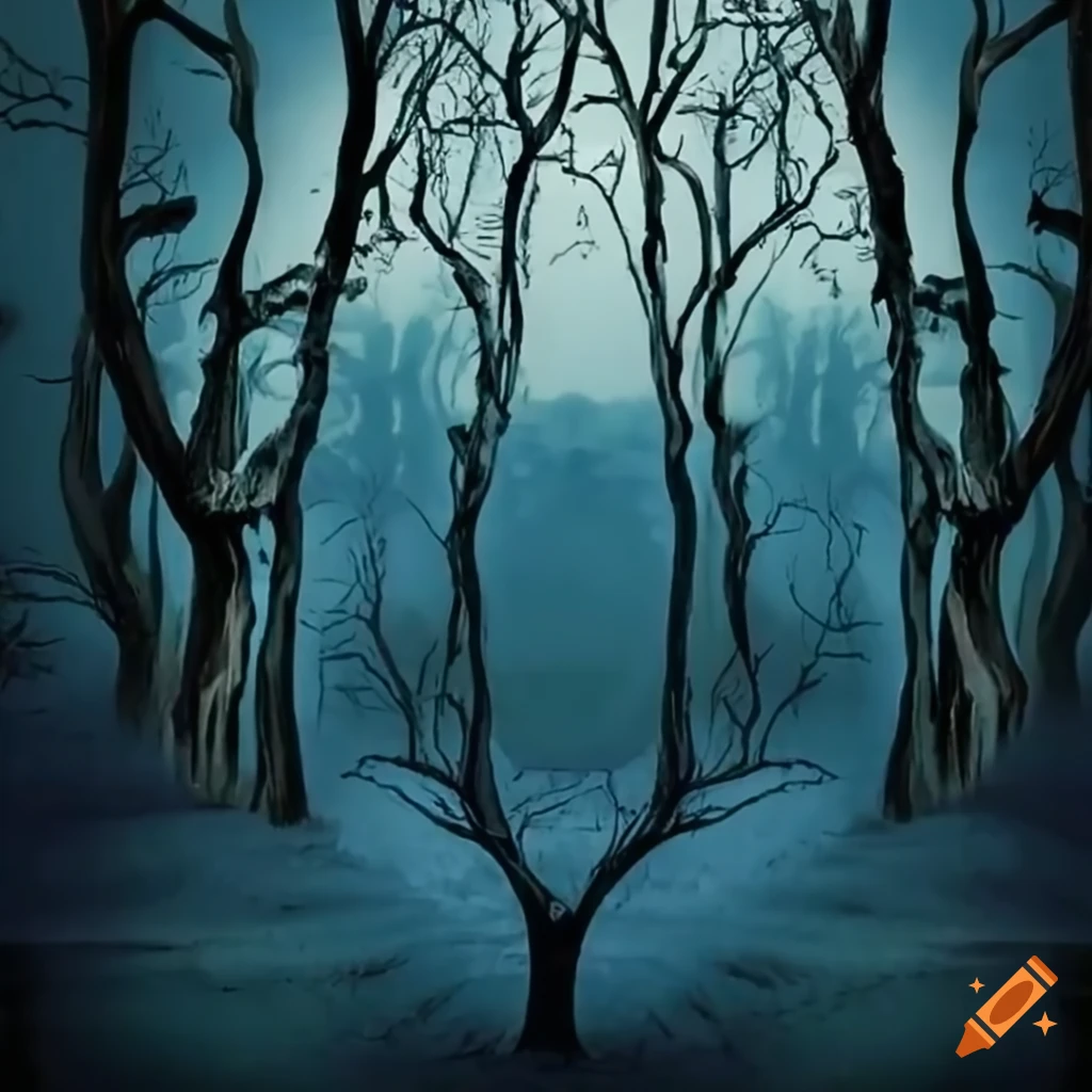 Artistic image of twisted dead trees