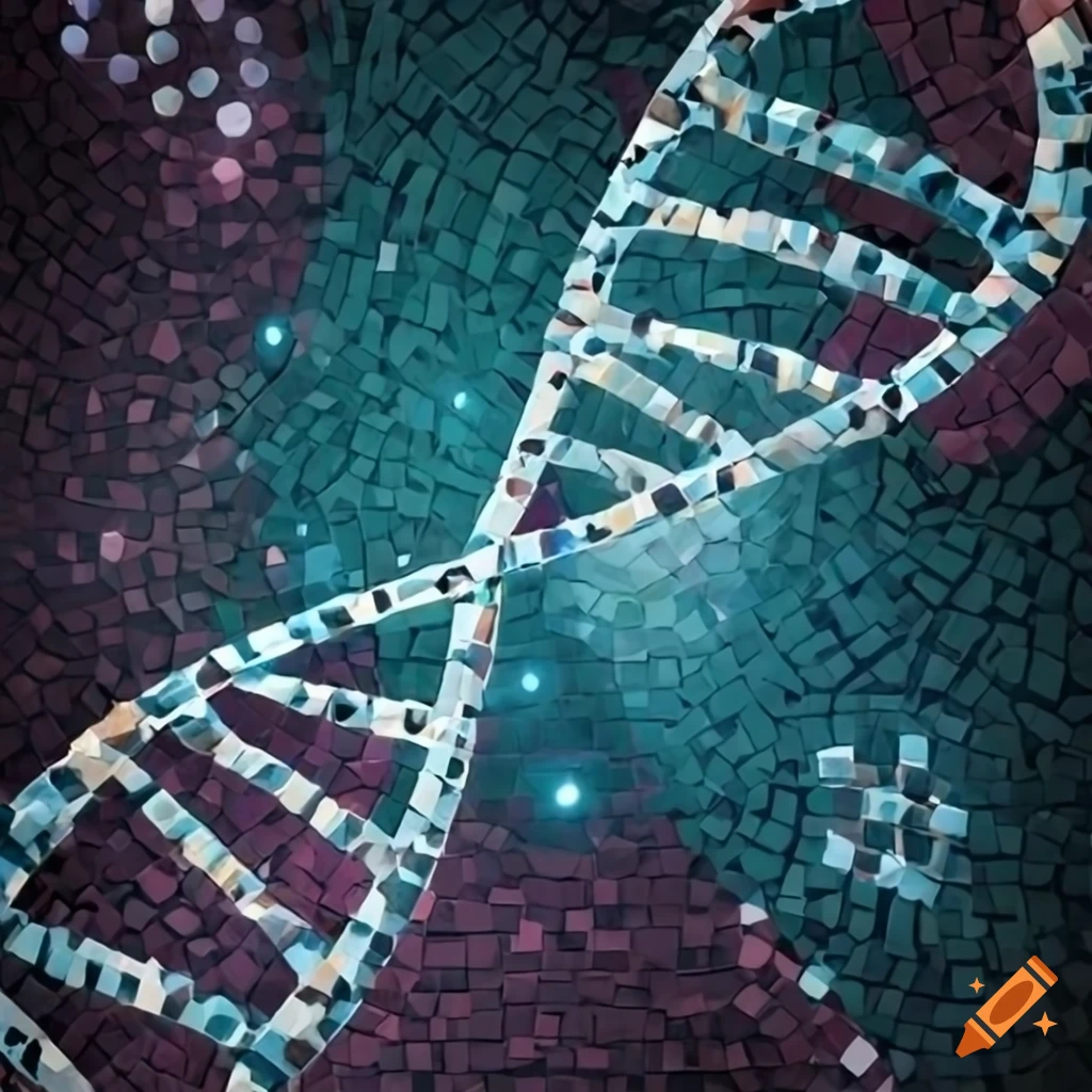 Mosaic mural of double helix dna and molecules on Craiyon