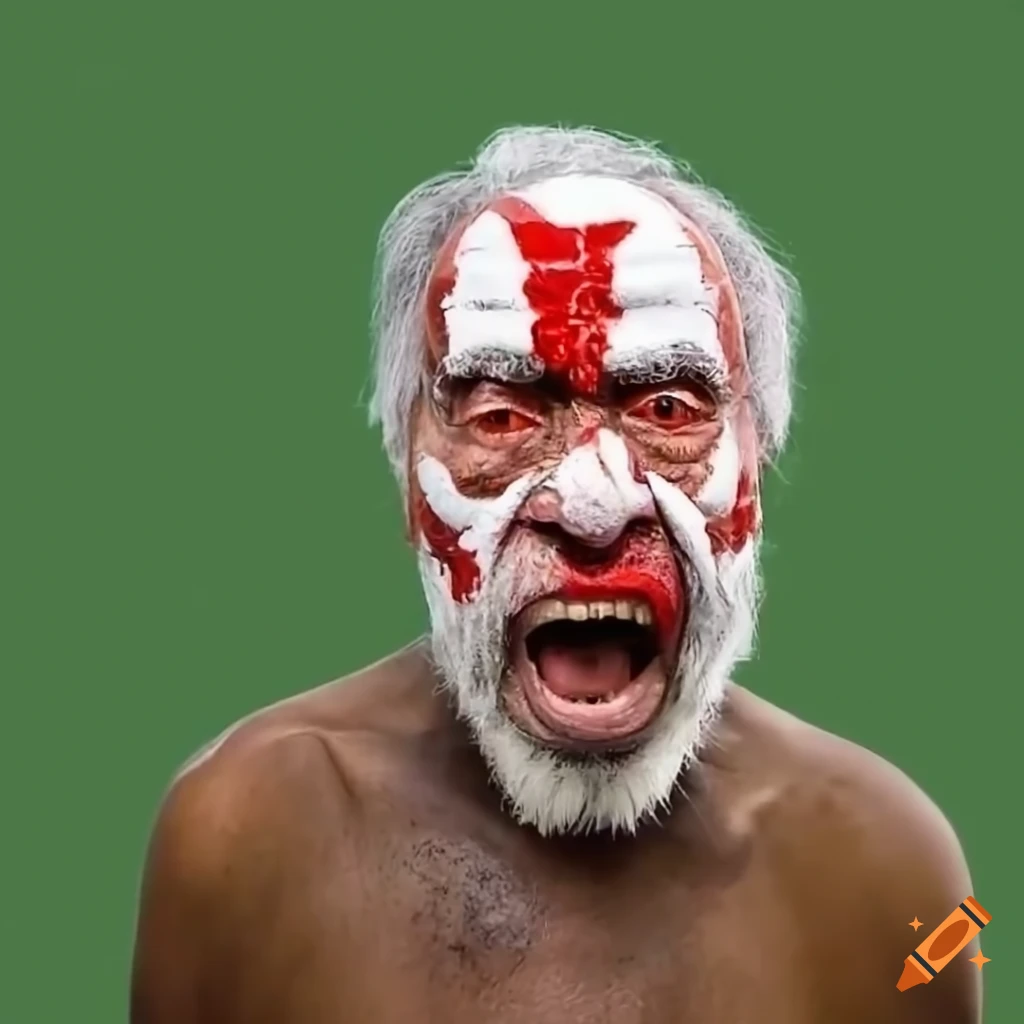Artistic portrayal of an angry aboriginal elder with face paint on Craiyon