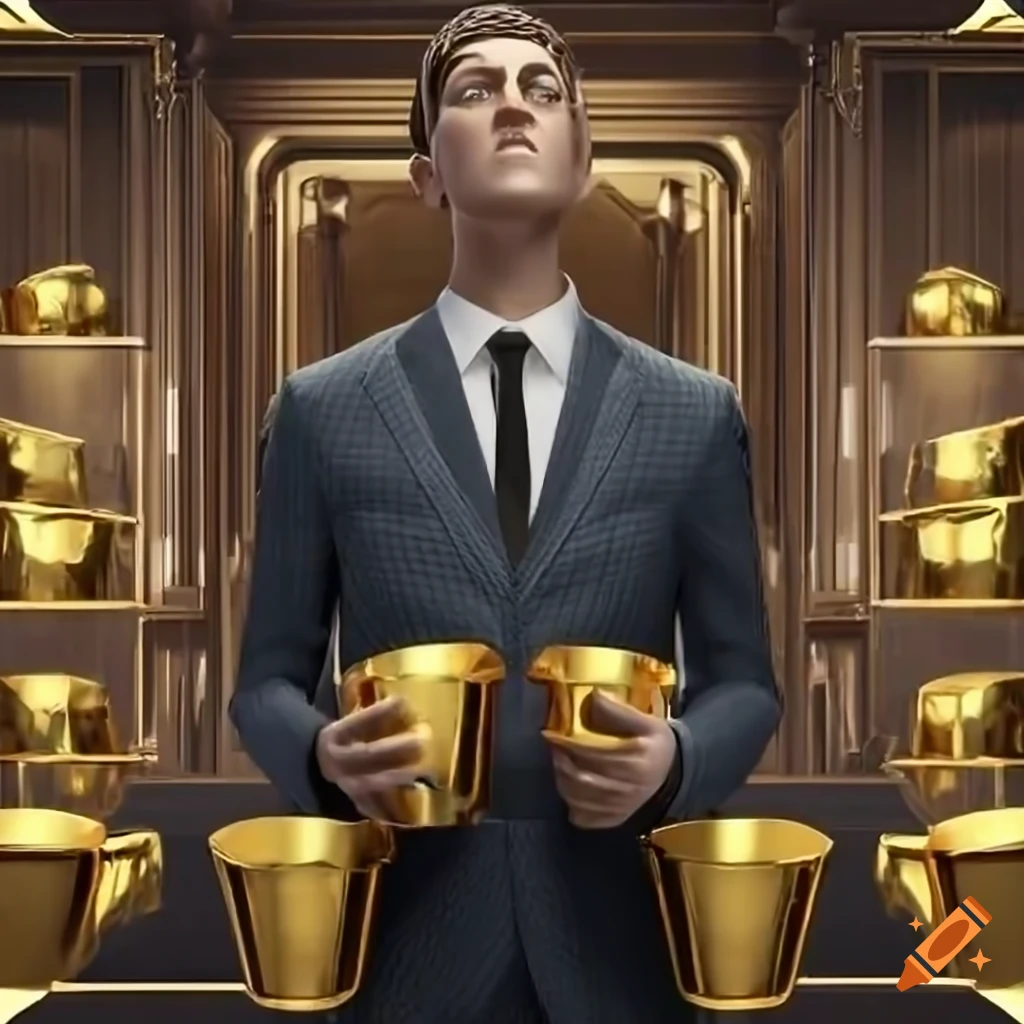 Scene of a luxurious store room filled with gold buckets on Craiyon