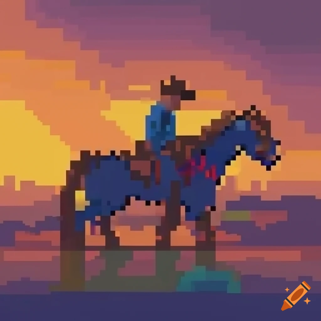 Pixel art of a cowboy on a horse at sunset on Craiyon