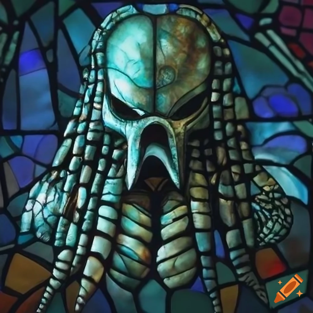 Stained glass art of the predator on Craiyon