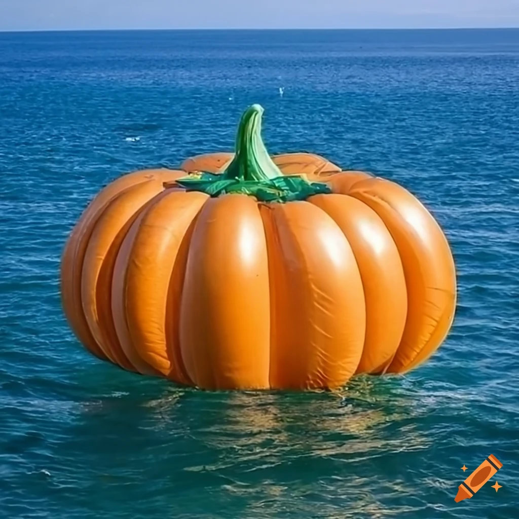 Photo realistic giant inflatable pumpkin in the sea on Craiyon