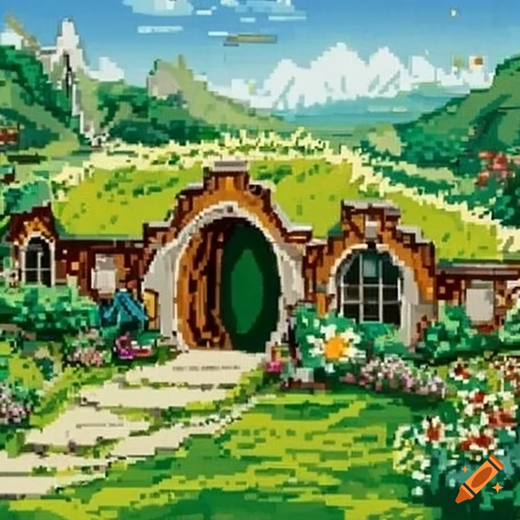 Pixel art of a cozy hobbit house surrounded by flowers