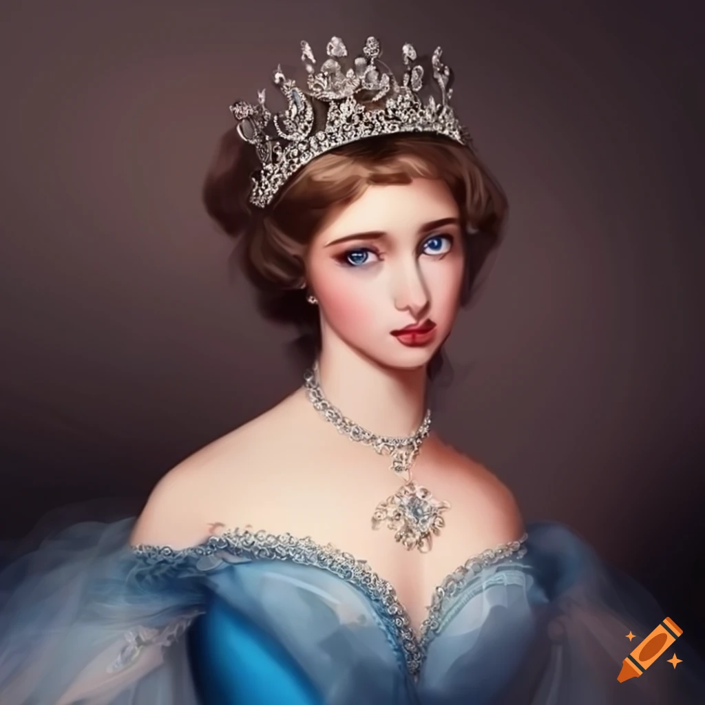 Portrait of a young queen in a blue ballgown on Craiyon