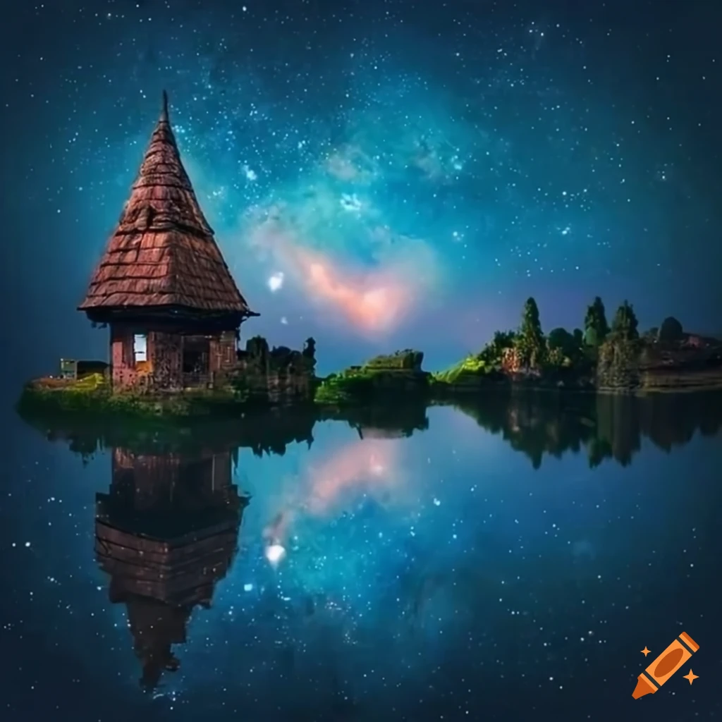 Medieval village floating in the sky with galaxy background