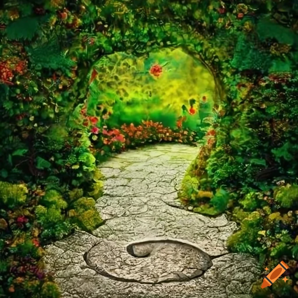 Intricate stone path through a magical flower garden on Craiyon
