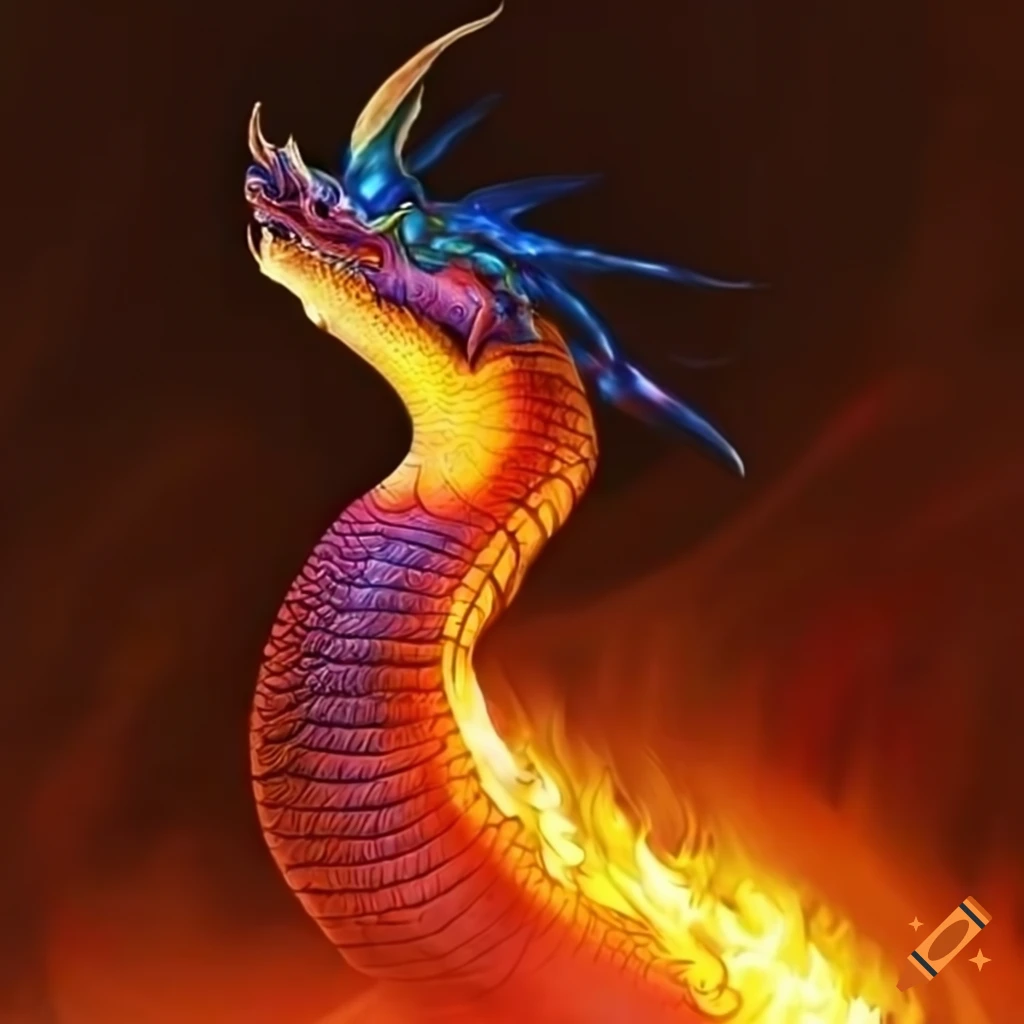 Digital art of a naga emerging from a lake of fire on Craiyon