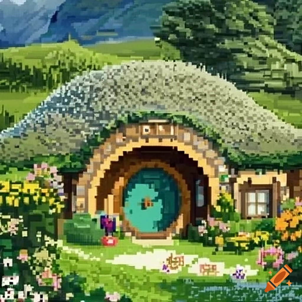 Pixel art depiction of a cozy hobbit house with flowers on Craiyon