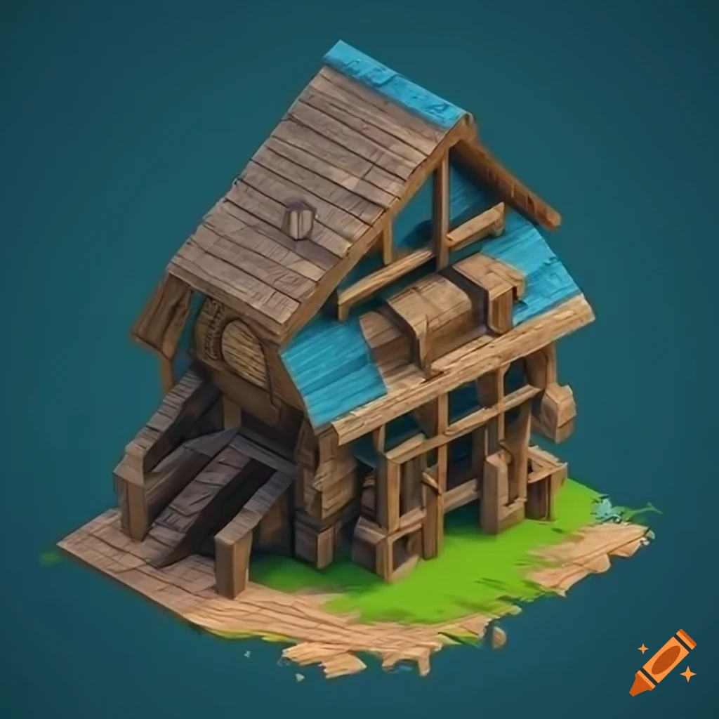 Isometric lumber mill covered in fog in a fantasy forest on Craiyon