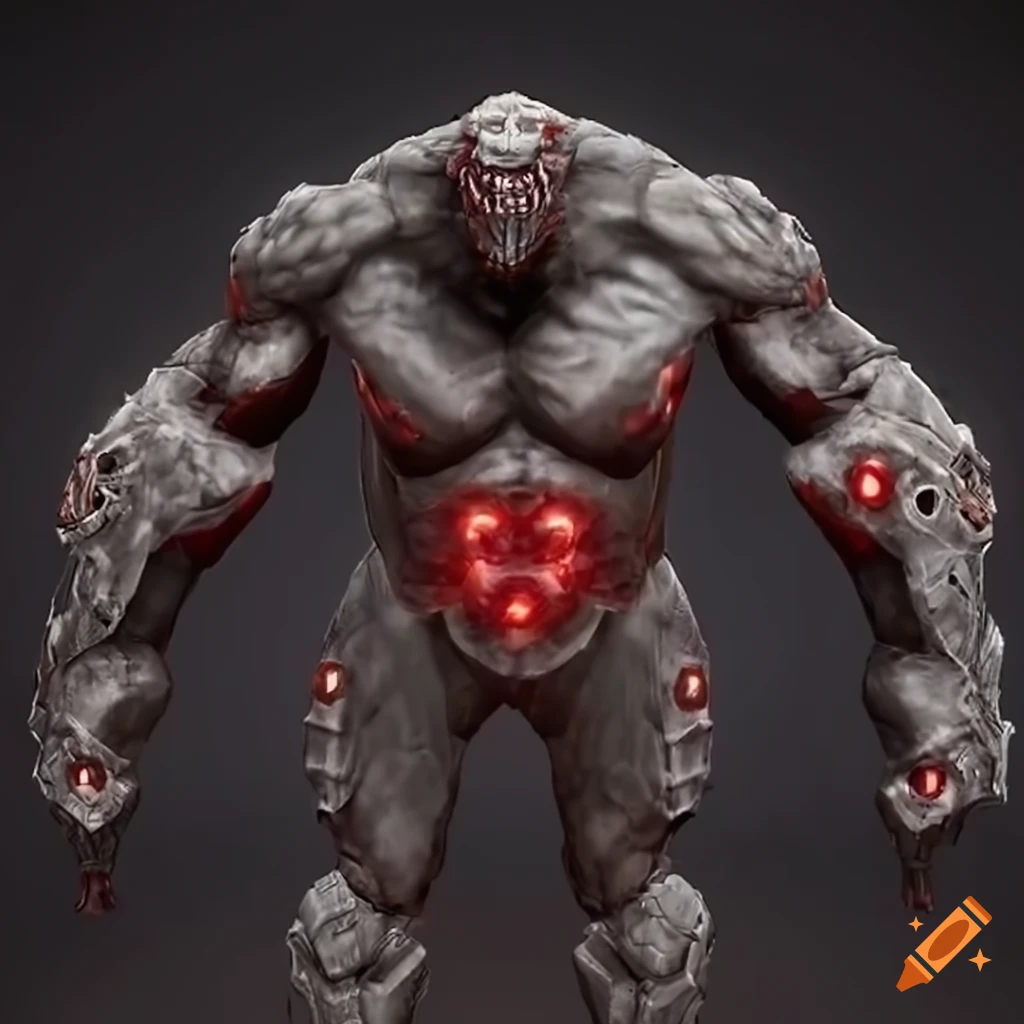 Image of a black stone armored golem cyborg with red glowing crystals ...