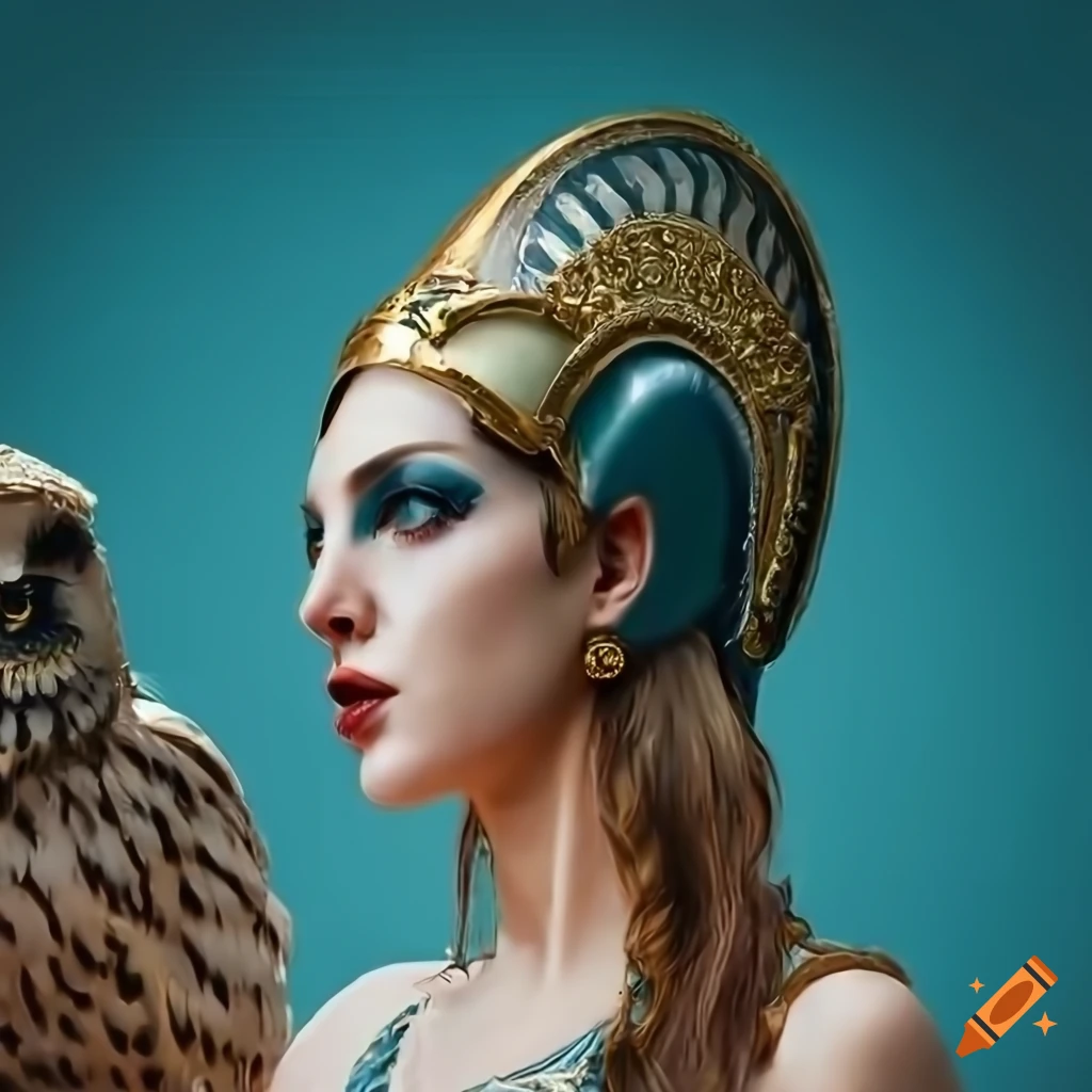 Goddess Athena in high fashion walking with her owl on Craiyon