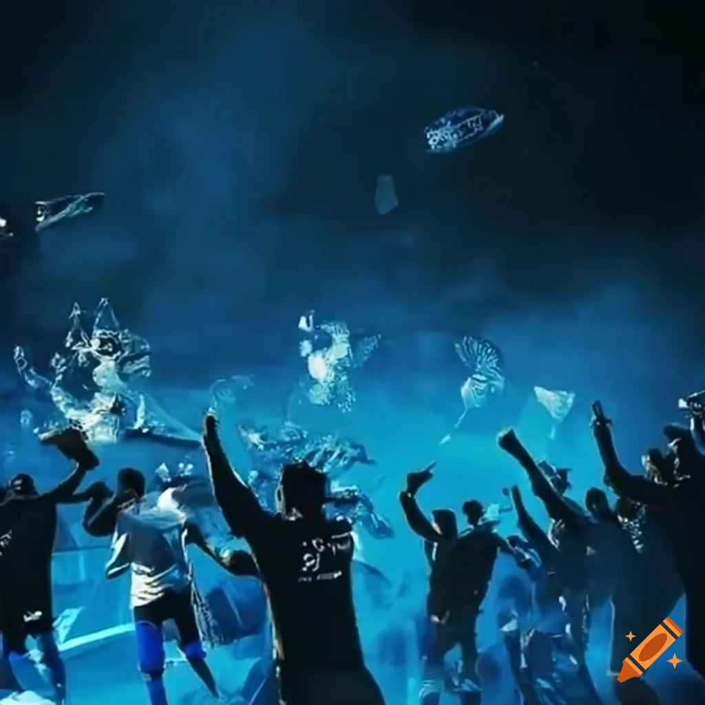 Blue football team celebrating a goal with cheering fans on Craiyon