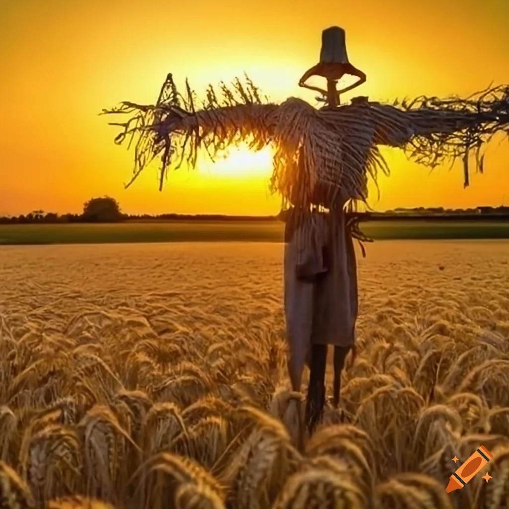 Sunset behind a scarecrow in a wheat field on Craiyon
