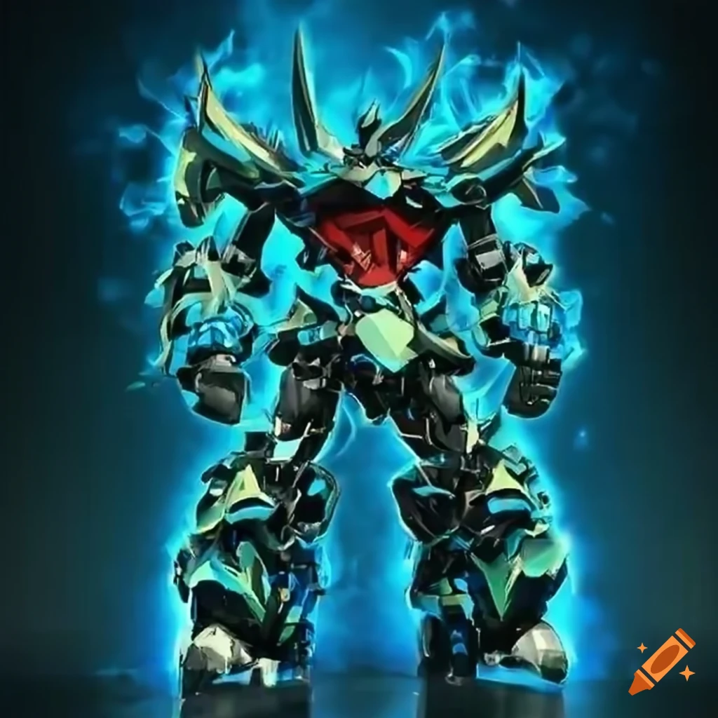 Crystal mecha engulfed in cyan flames