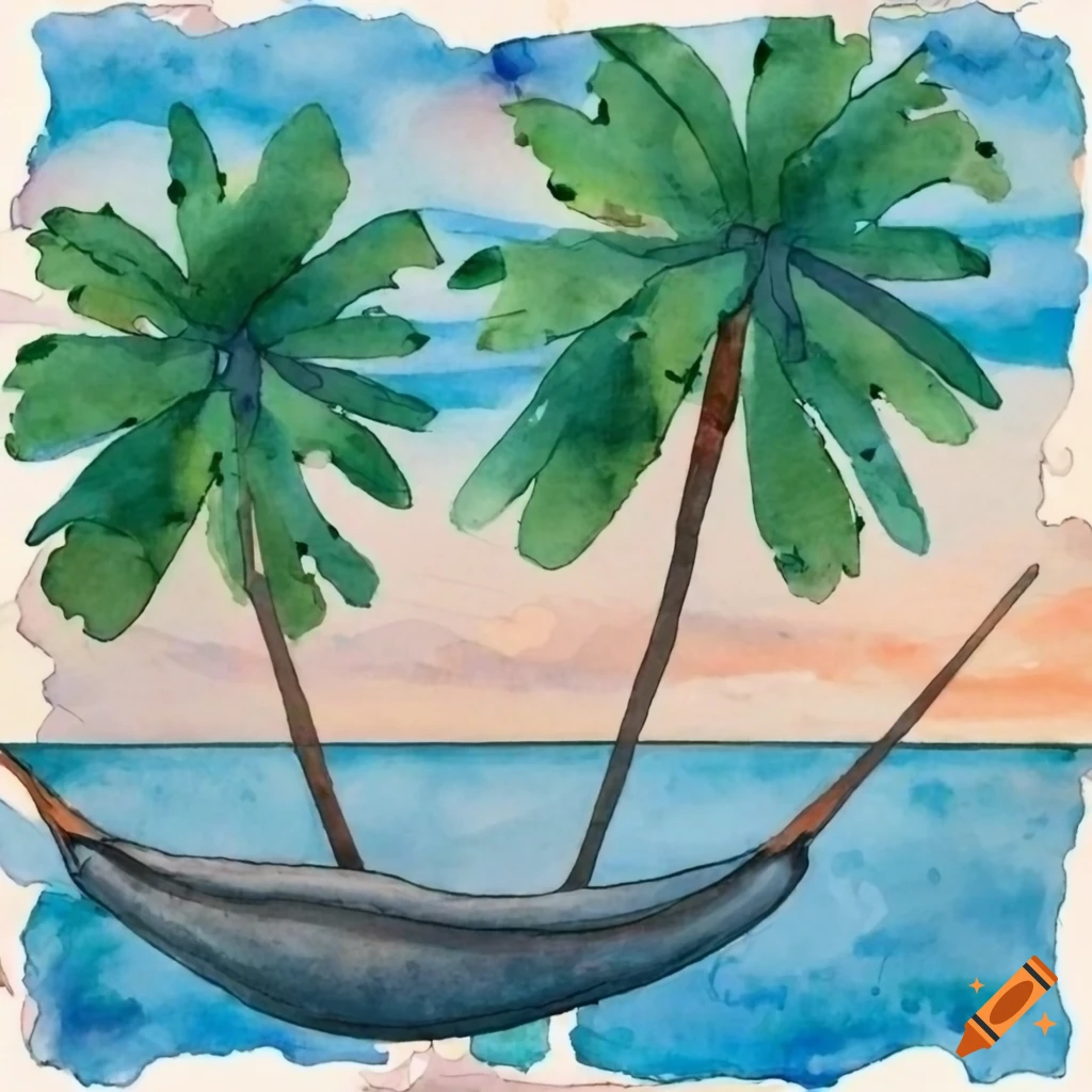 Children's drawing of a beach with palm trees and a hammock on Craiyon