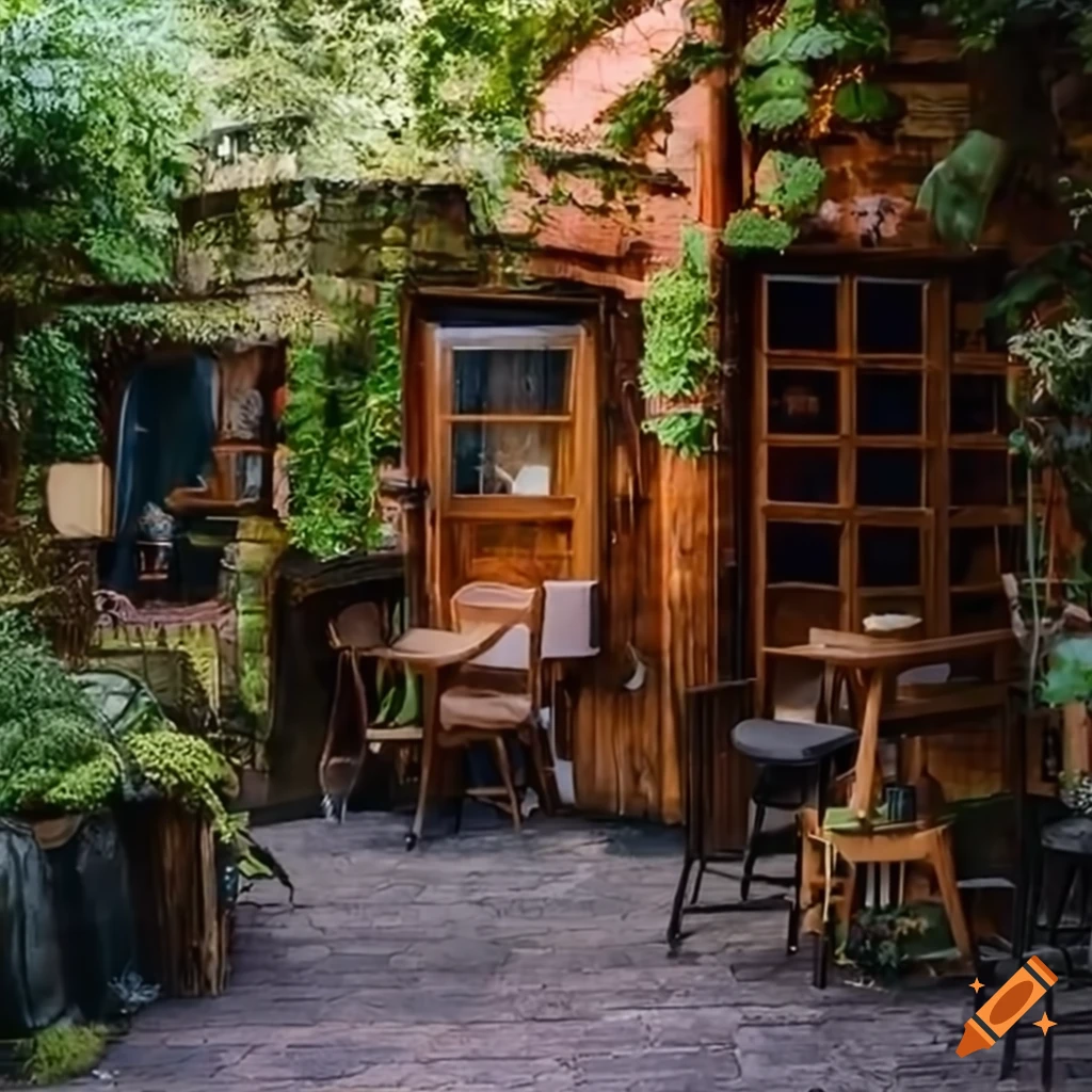 Exterior view of a modern fantasy themed cottagecore café on Craiyon