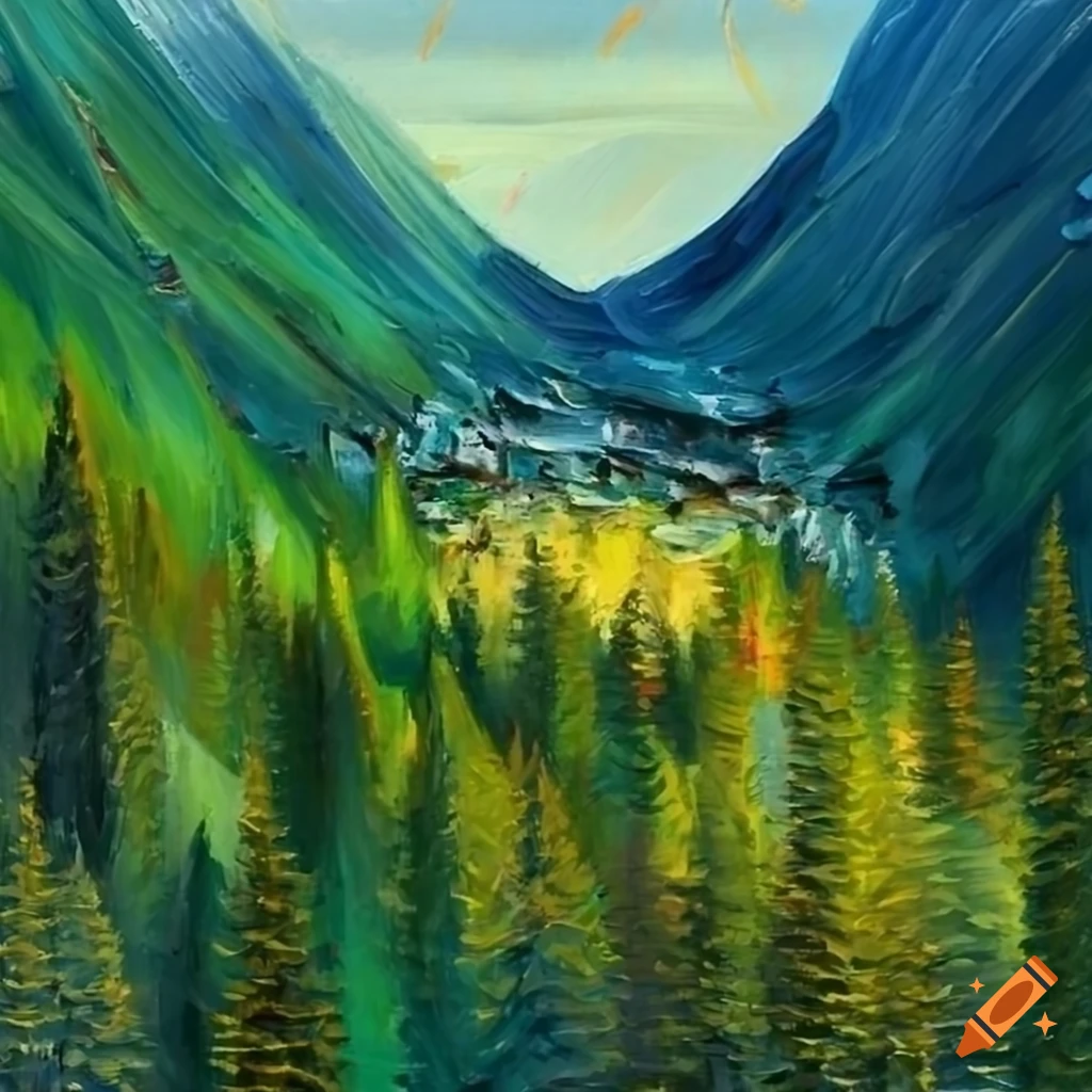 Abstract oil painting of a village in a mountain valley